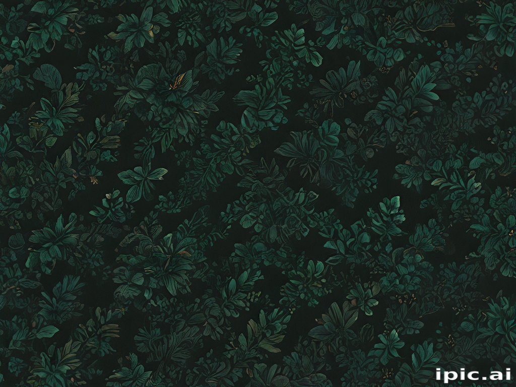 Intricate Dark Green Botanical Pattern Featuring Various Lush, Leafy Plants