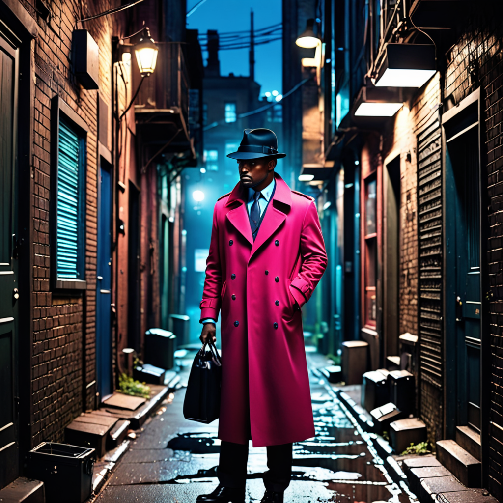 a futuristic male detective in a vibrant outfit investigates a ...