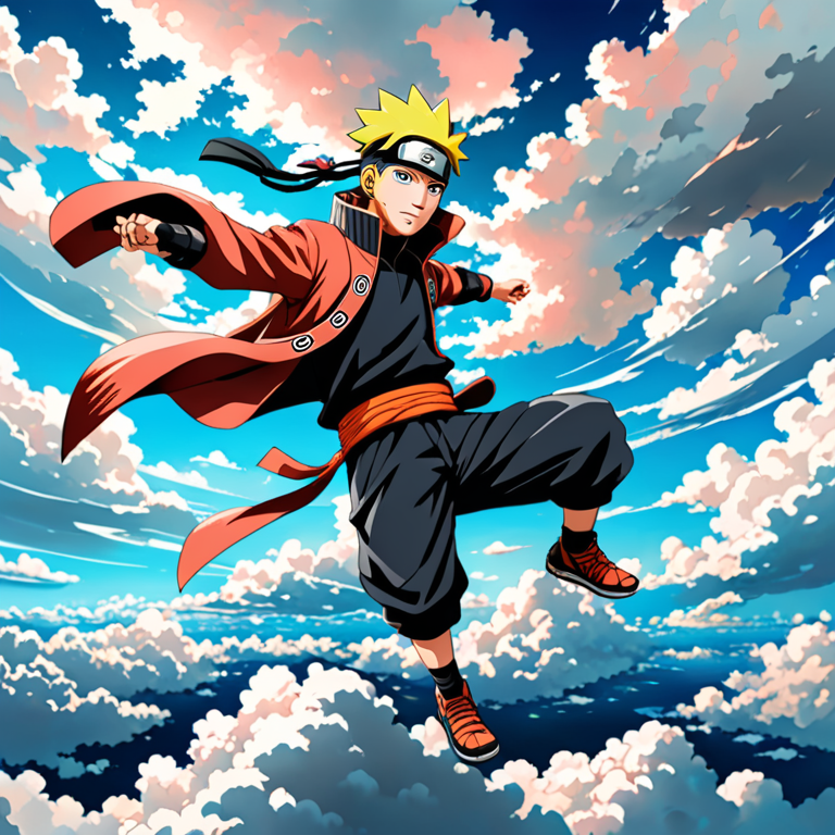 A cloud with several naruto flying around on top, in the style of ...