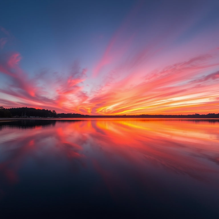 Stunning Sunset Over Calm Waters with Vibrant Colors and Reflections