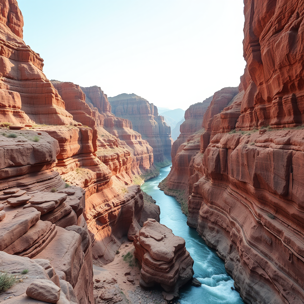 Stunning View of a Serene River Flowing Through Majestic Red Canyon Walls