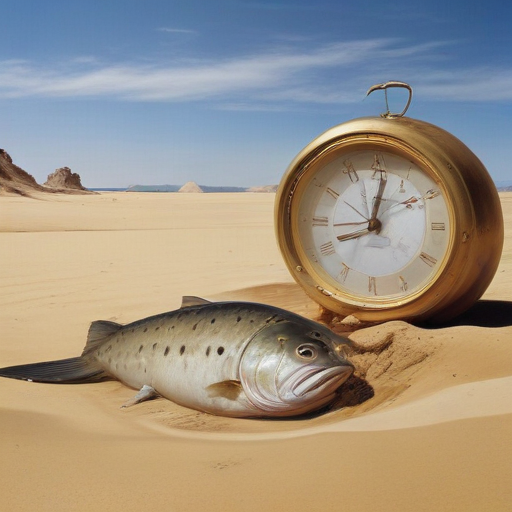 A Salvador Dali surrealist painting. A large trout fish with eyes wide ...