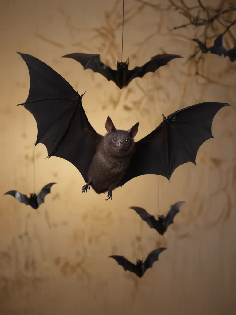 Whimsical Display of Hanging Bats in a Mysterious Atmosphere
