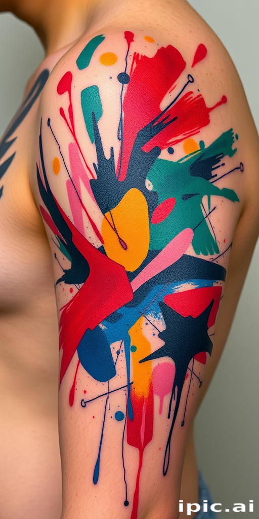 Vibrant and Abstract Tattoo Design Featuring Colorful Paint Splashes on Arm