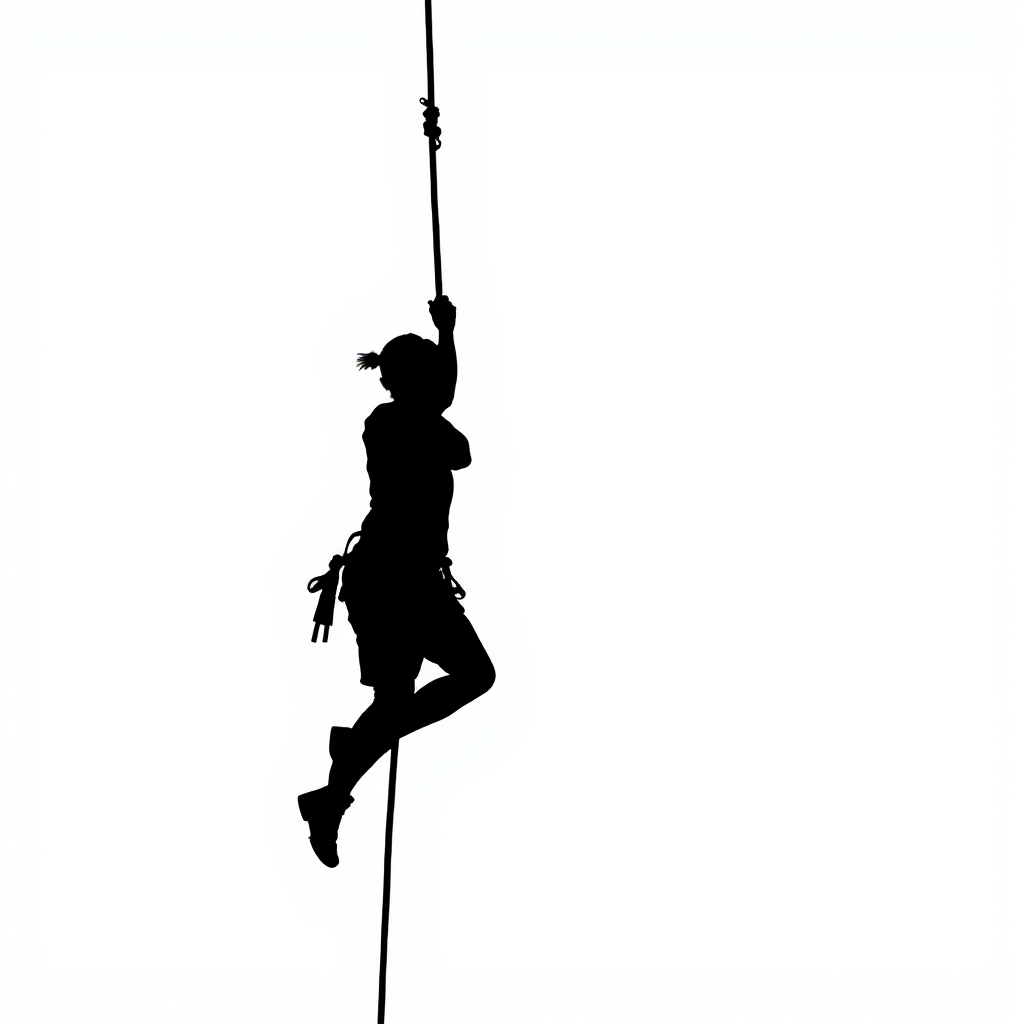 Adventurous Climber Ascends a Rope Against a Bright White Background