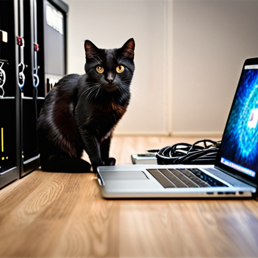 datacenter, black cat with tie, macbook pro, servers and cables
