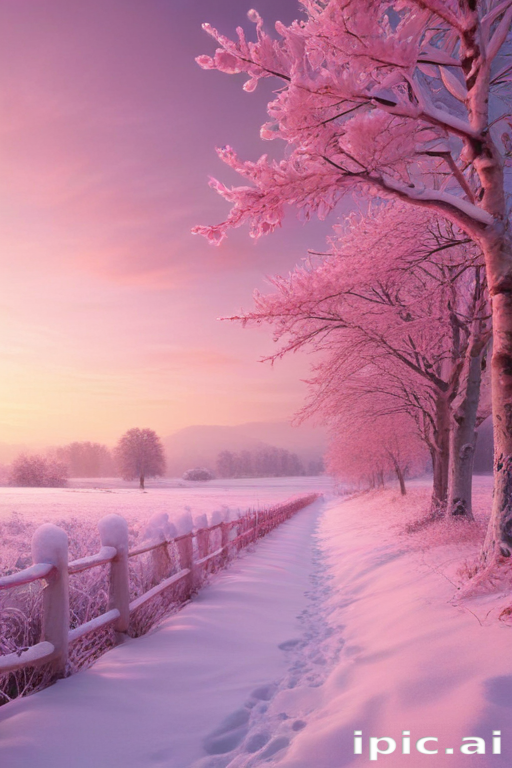 A Serene Winter Landscape with Snow-Covered Trees and a Tranquil Path