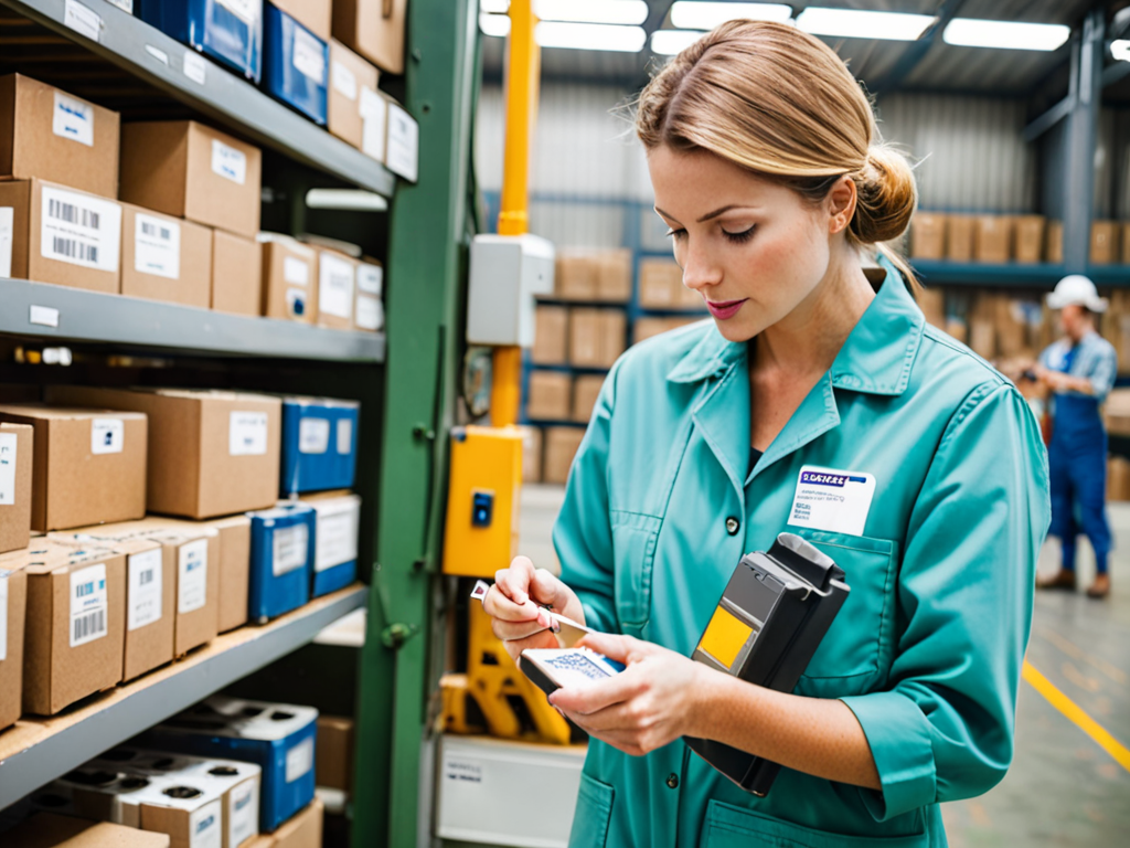 woman checking label on factory floor