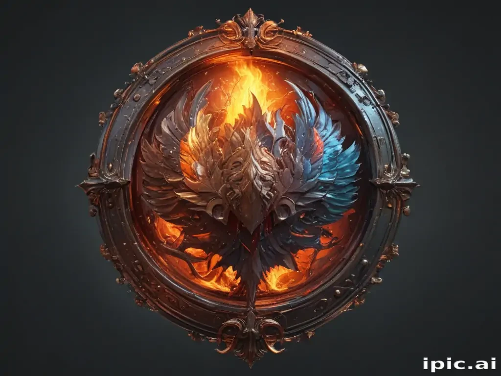 Intricate Shield Design Featuring Fiery Phoenix Wings and Ornate Details
