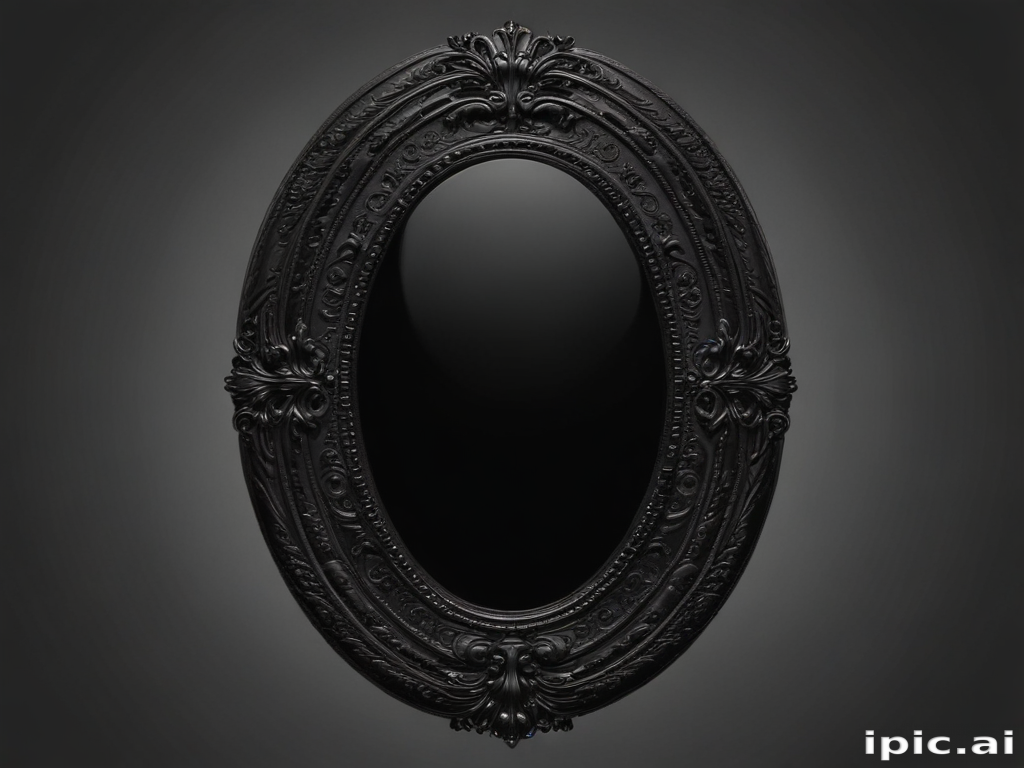A Beautifully Crafted Black Ornate Mirror Against a Dark Background