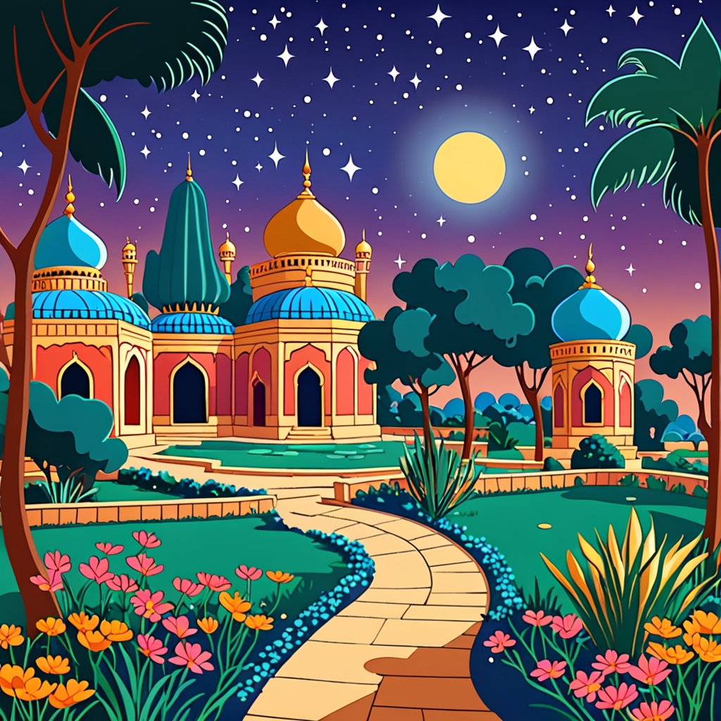 Garden of the Sultan of Agrabah from the cartoon Aladdin. Night. Flat ...