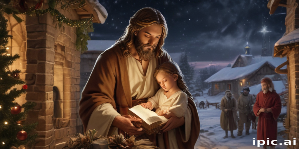 Jesus Reading to a Child in a Peaceful Winter Village Setting