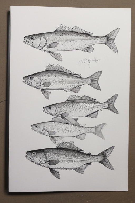 Detailed Illustration of Five Different Fish Species in Black and White