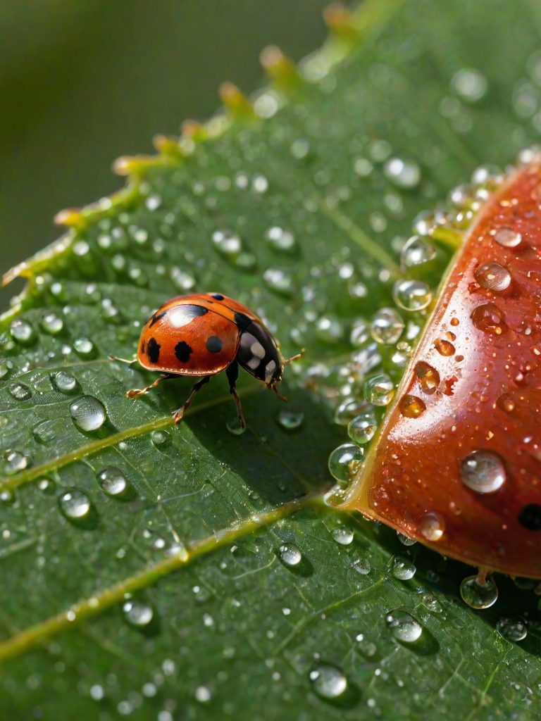 Close-Up of a Ladybug on a Leaf Covered in Dew Drops