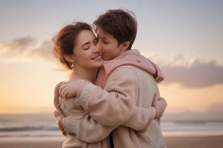 Two People Embracing on the Beach at Sunset, Radiating Love and Joy