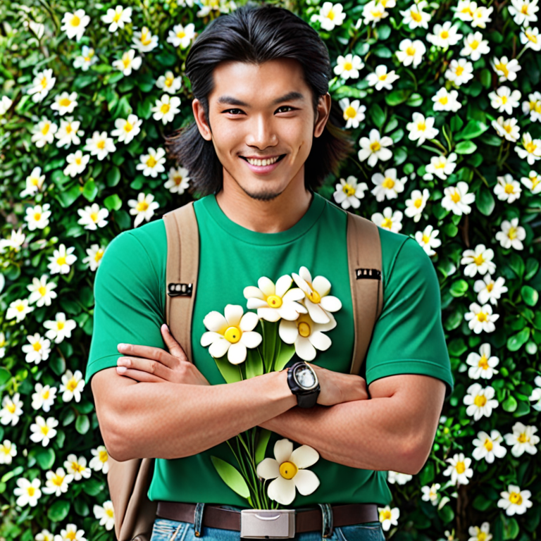 male Pokemon trainer, asian, black mullet, smile, brown eyes, green ...