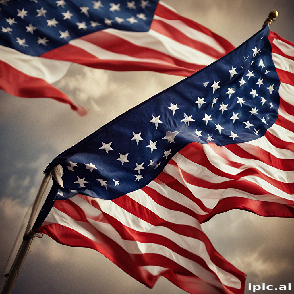 Waving American Flags Against a Dramatic Sky Full of Clouds.