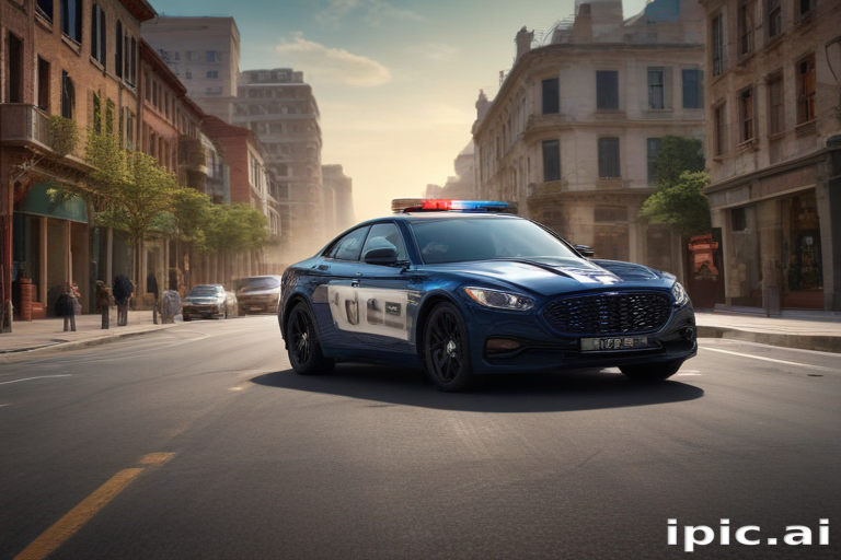 Modern Police Car with Flashing Lights Driving Through Urban City Streets