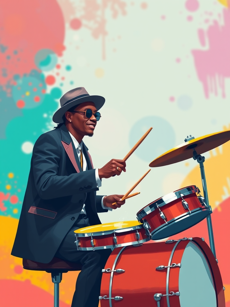 Vibrant Drummer Bringing Rhythm to Life with Colorful Background Art
