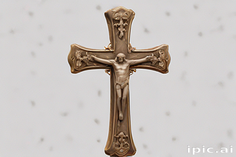 Intricate Cross Displaying the Crucifixion of Christ Against a Neutral ...