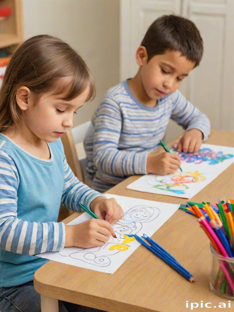 Two Children Engaged in Creative Coloring Activities at a Bright Table
