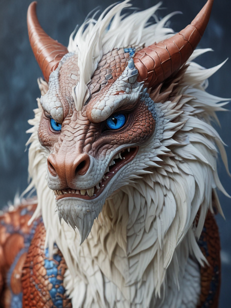 Chinese dragon, red copper scales, blue eyes, white mane.