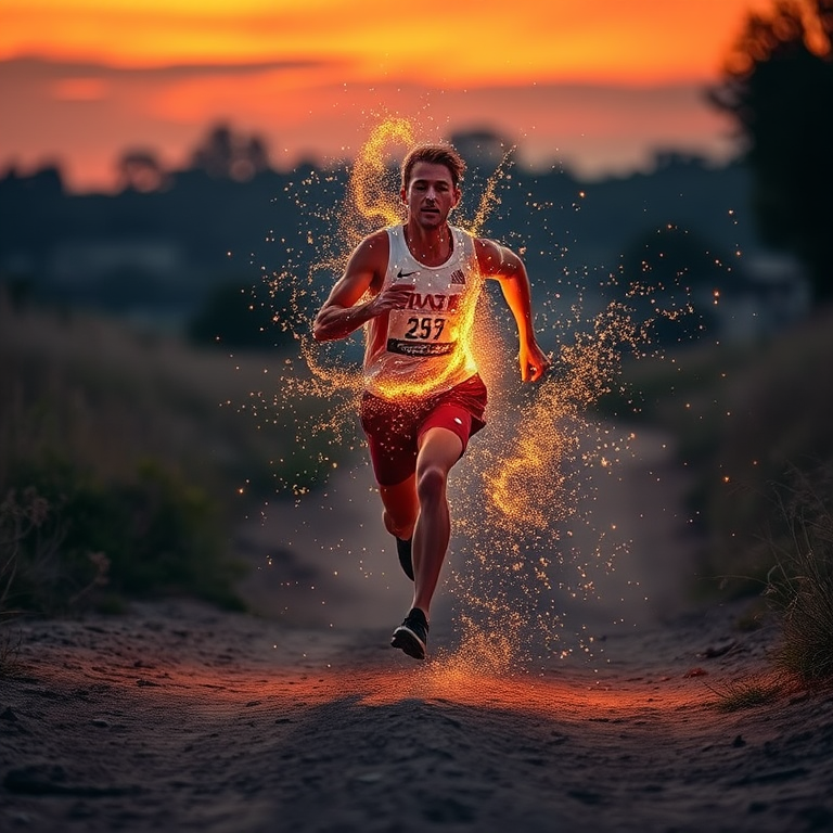 Dynamic Runner in Motion Surrounded by Sparkling Dust at Sunset