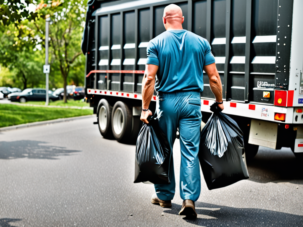 realistic handsome bald muscular garbagemen from behind carrying black ...