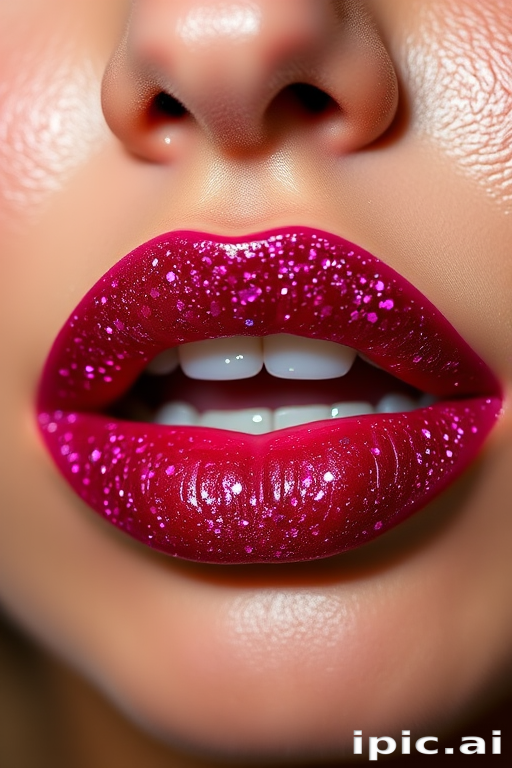 Close-Up of Glossy Lips with Sparkling Pink Glitter for Glamorous Look