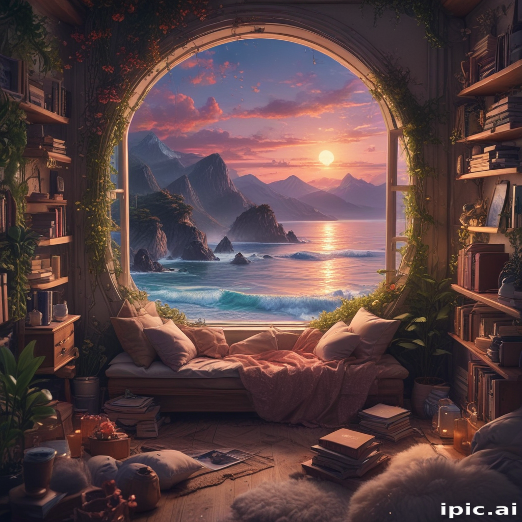 Cozy Reading Nook Overlooking a Beautiful Sunset and Serene Ocean View