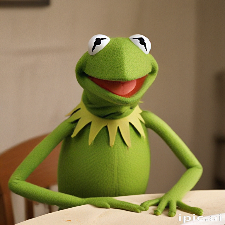 A cheerful green puppet with big eyes and a friendly smile.