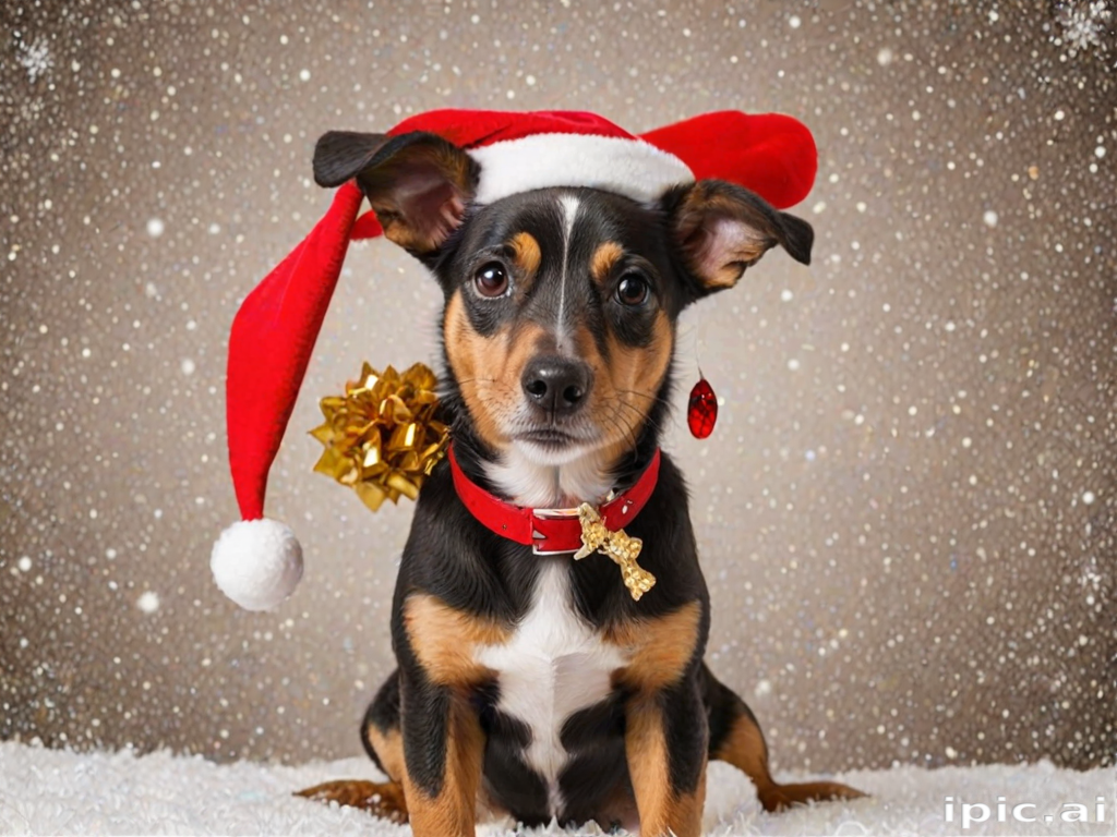 Adorable Dog Wearing a Santa Hat and Festive Decorations for the Holidays