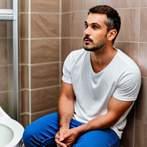 A muslce man has desperate diarrhea and sit in the toilet