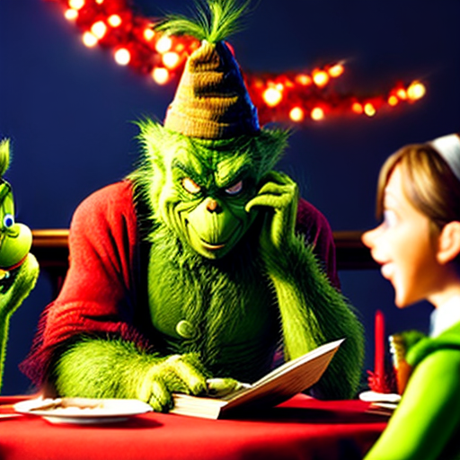 The Grinch reading a book at a christmas diner table with a family arguing
