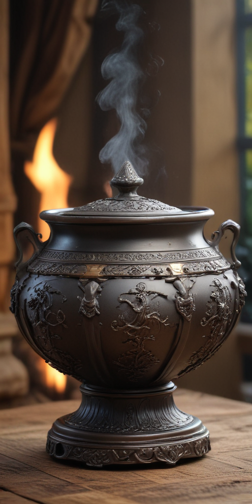 Intricately Designed Antique Pot with Rising Smoke in Warm Atmosphere