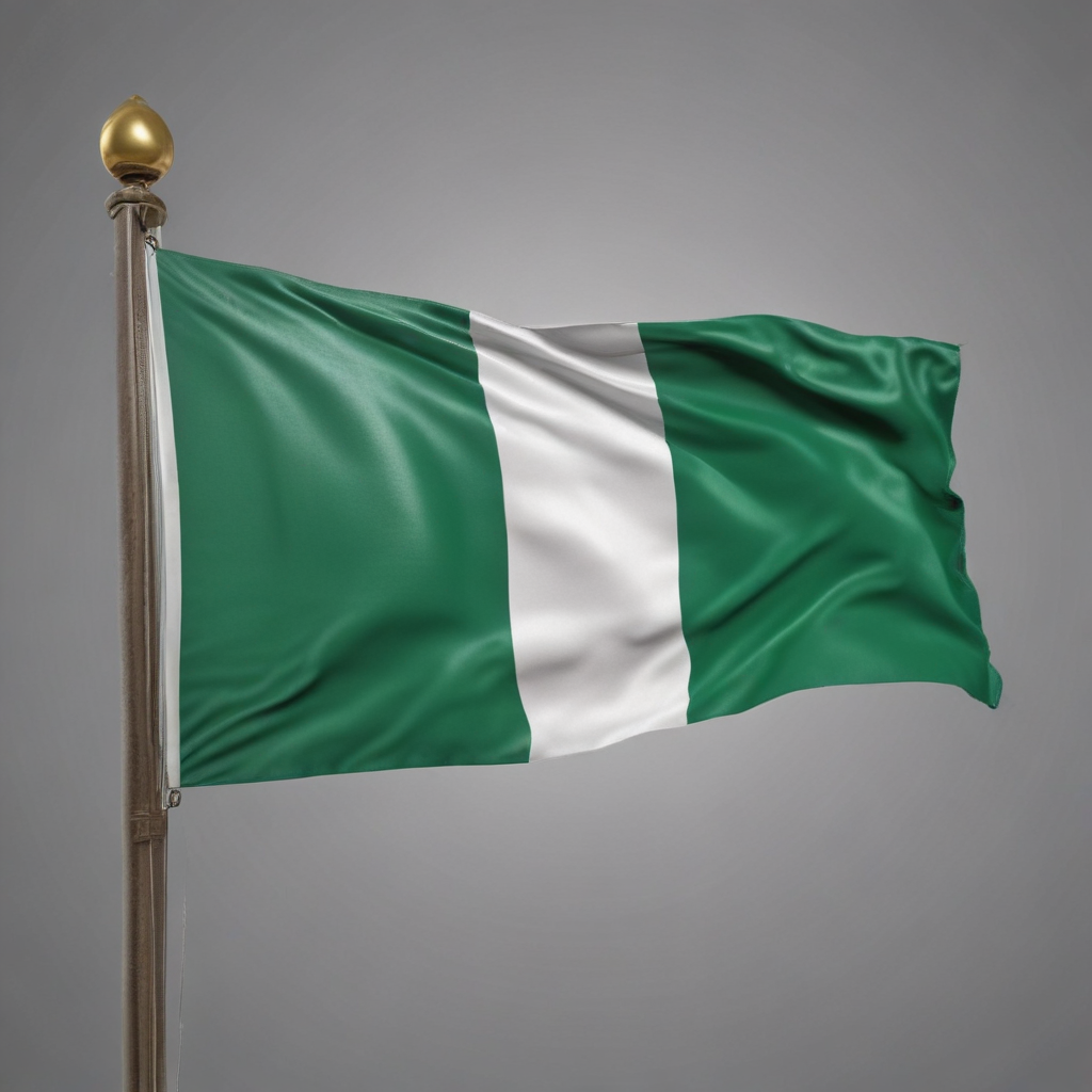 Vibrant Nigerian Flag Waving Gracefully Against a Soft Gray Background