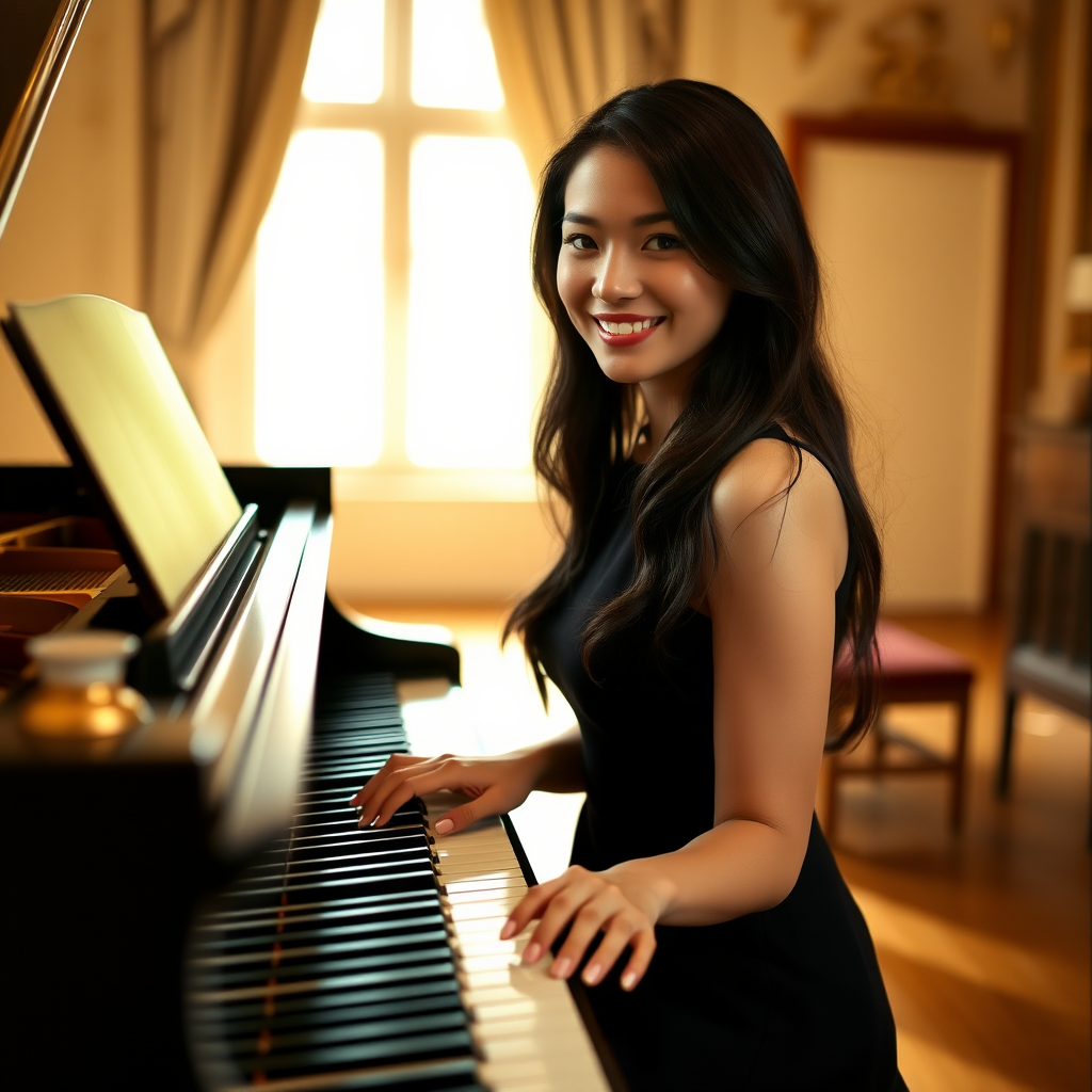 Elegant Young Woman Joyfully Playing Piano in a Beautiful Room