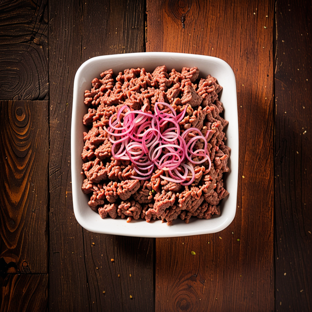 Freshly Ground Beef Topped with Thinly Sliced Red Onions in a Bowl