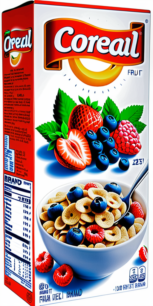 Colorful Breakfast Cereal Box Featuring Fruit and Tasty Oat Rings