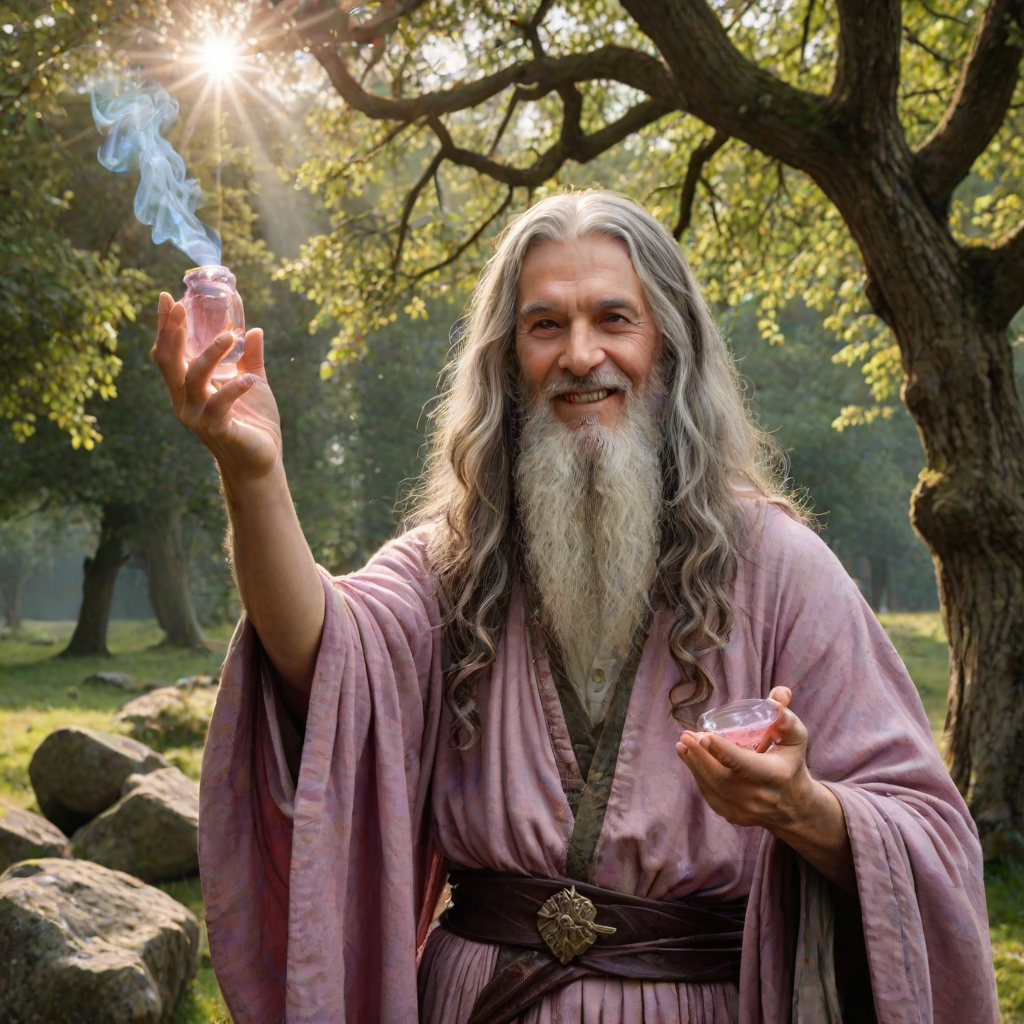 A Wise Sage Holding a Glowing Potion Beneath a Majestic Tree