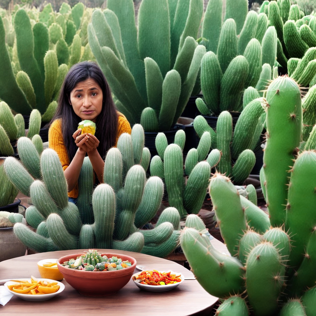 woman sitting at the table unsure whether to eat a cactus, a calango or ...