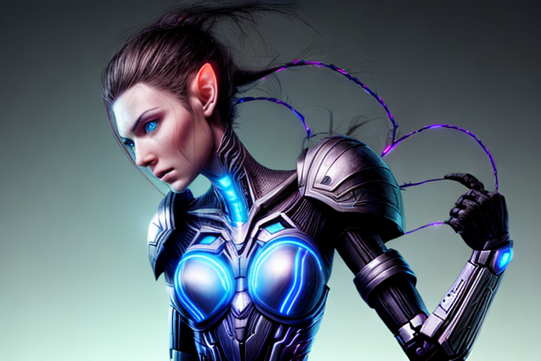 a female elf with pointy ears and cybernetic cables growing out of her head