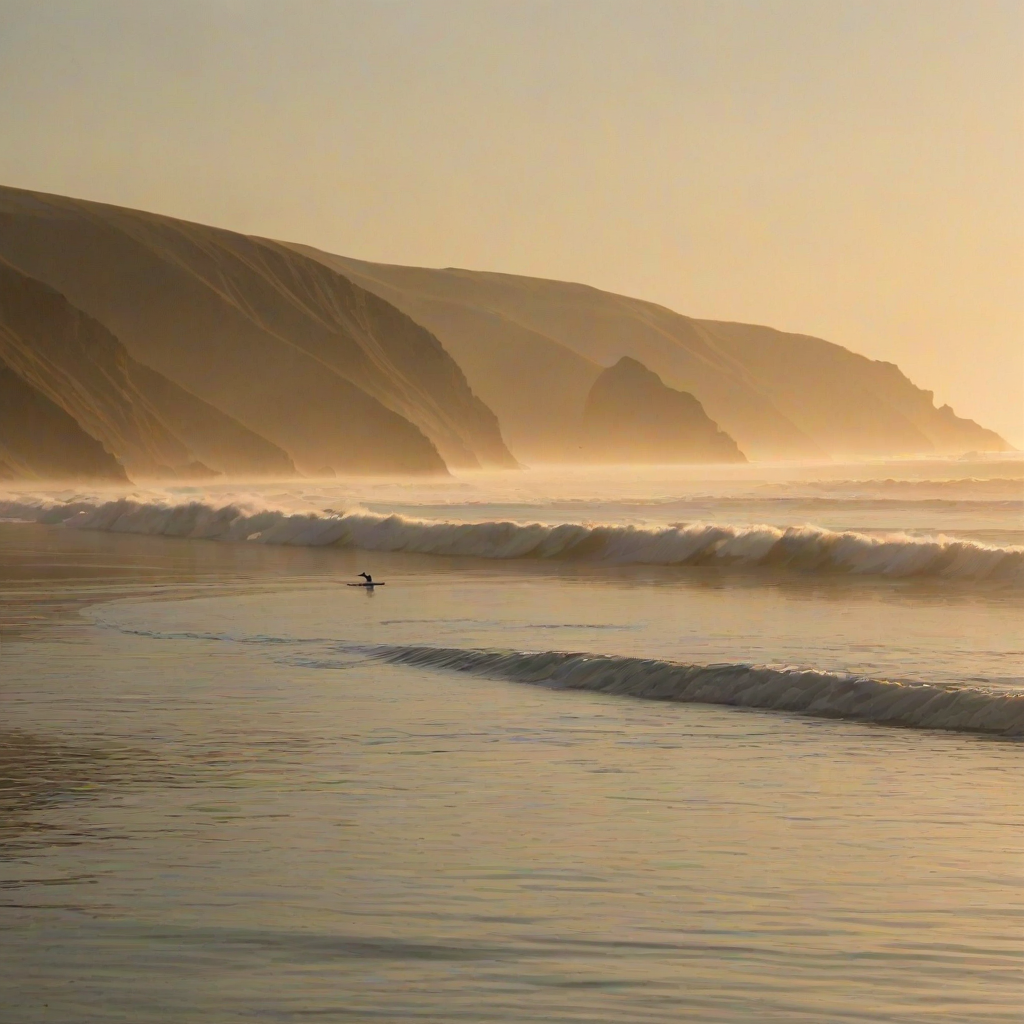 Calm Coastal Scene at Sunset with Gentle Waves and Majestic Cliffs