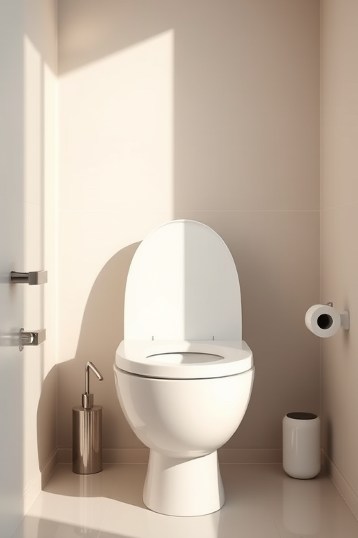 A Bright and Minimalist Bathroom Scene Featuring a Clean White Toilet.