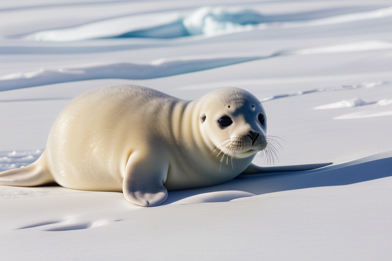 A Playful Young Seal Resting on the Snowy Arctic Ice Landscape.