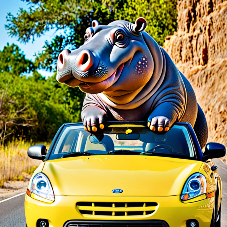 hippo riding a car