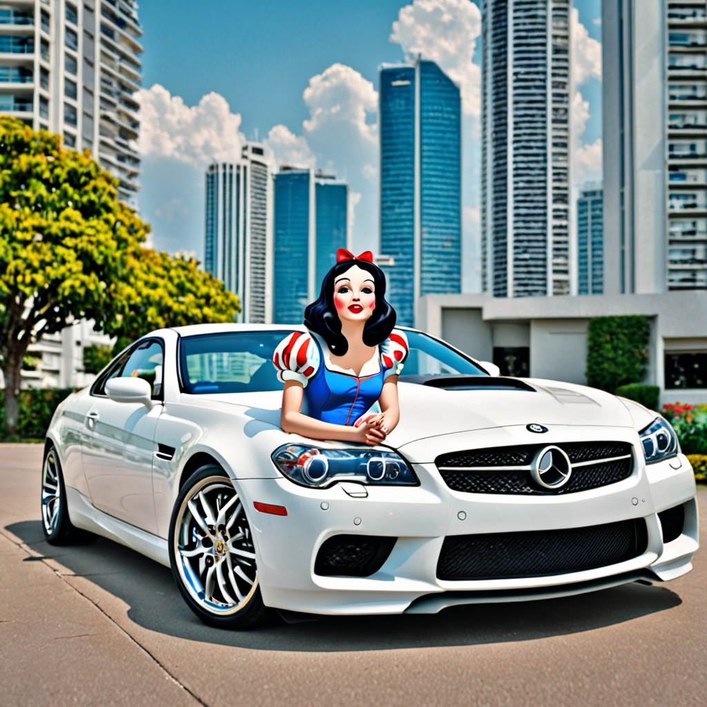 Snow White looking at sport car ini city