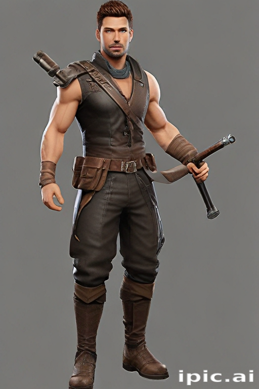 Strong Adventurer in Leather Armor with a Sword and Confident Stance