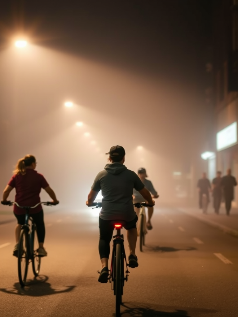 Evening Bicycle Ride Through a Foggy City Street Under Soft Streetlights
