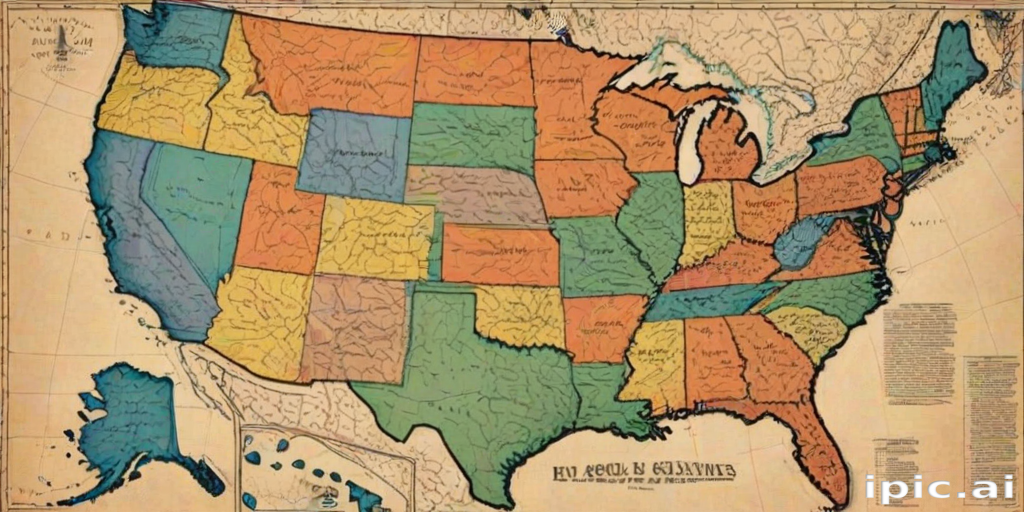 Colorful Historical Map of the United States Illustrating State ...